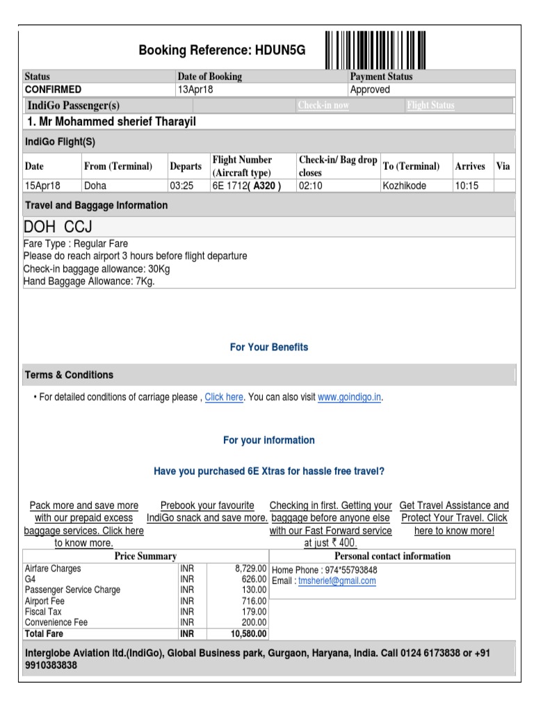 Doh CCJ: Booking Reference: HDUN5G | PDF | Transport | Aviation