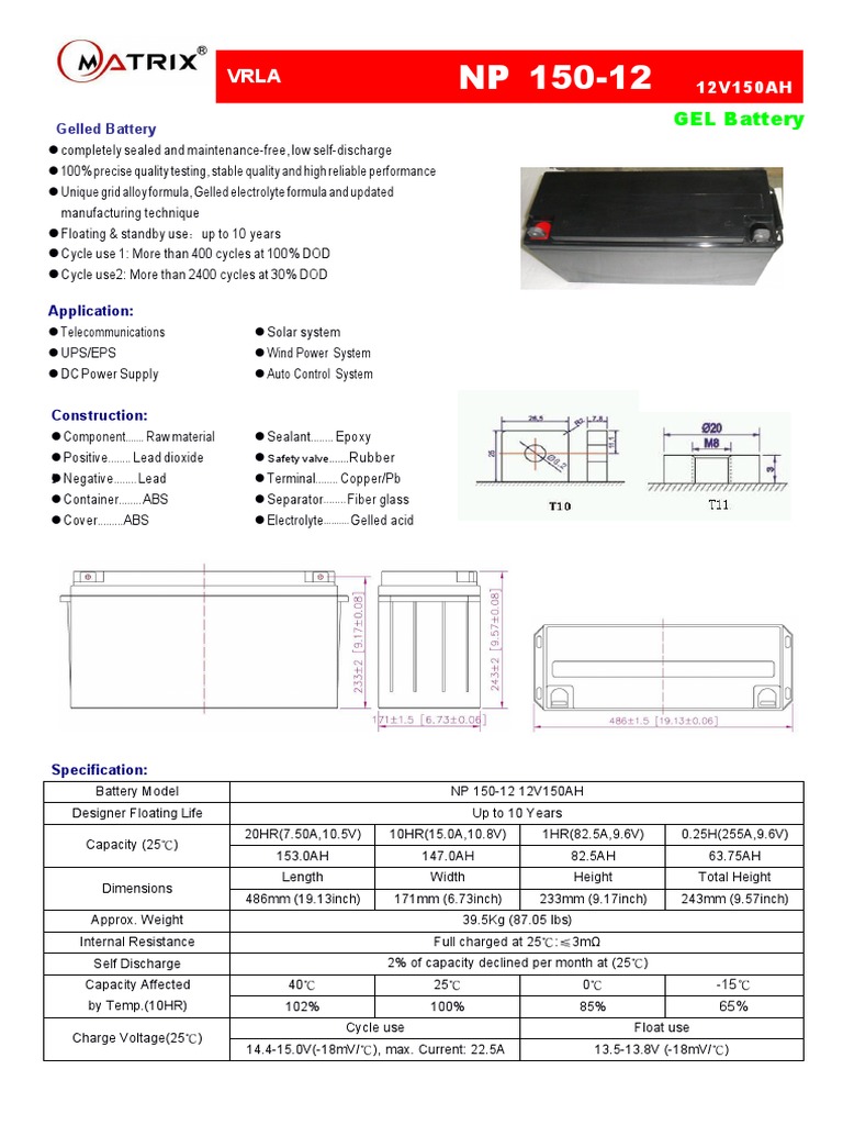 VRLA Battery Specification Sheet: NP 150-12 12V150AH Gelled Battery for ...