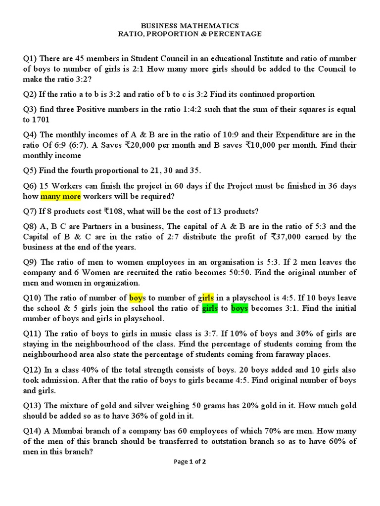 Module I - Ratio Proportion & Percentgae Question Sheet | PDF ...