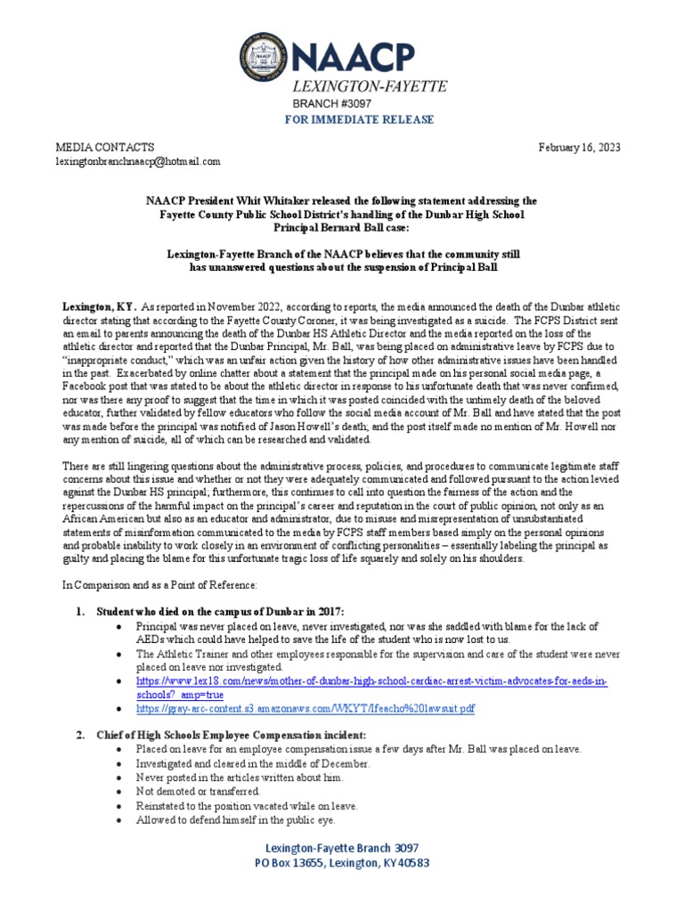 NAACP Statement on Dunbar Principal Case | PDF | Equity (Law) | Justice