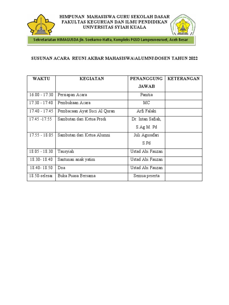 Susunan Acara Reuni Akbar Mahasiswa | PDF