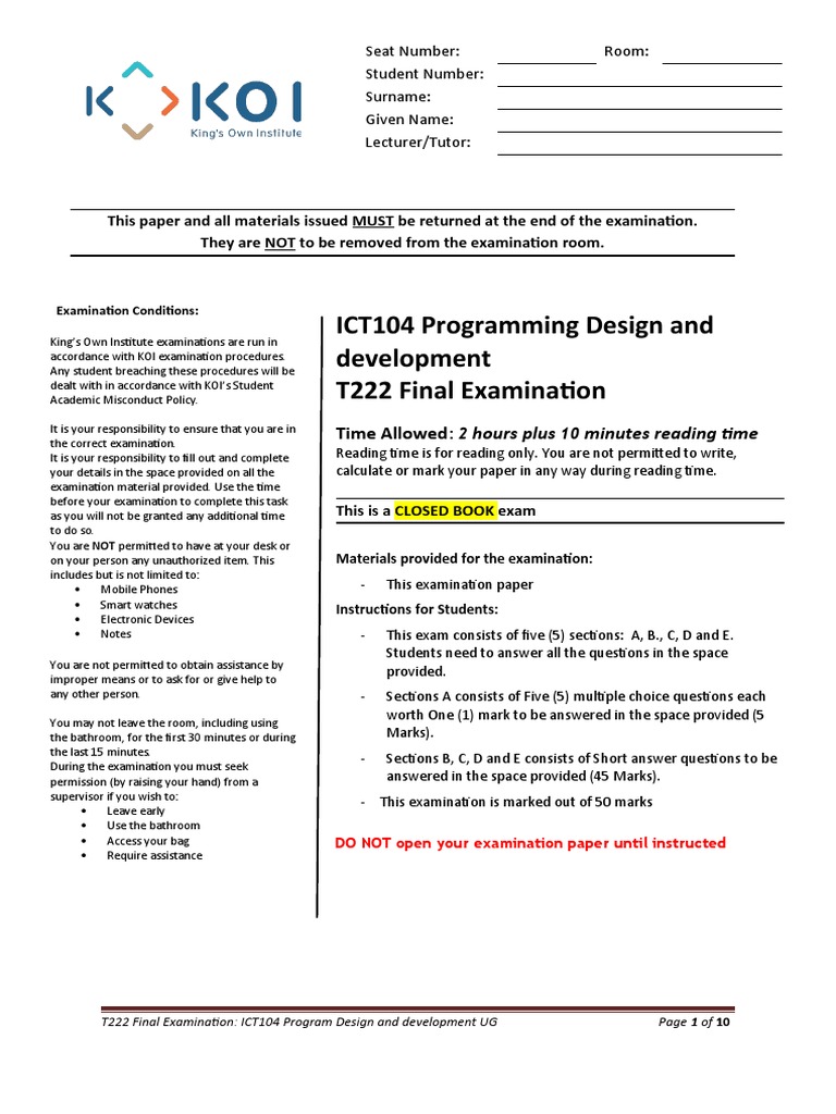 ICT104 Program Design Exam Guidelines | PDF | Class (Computer ...