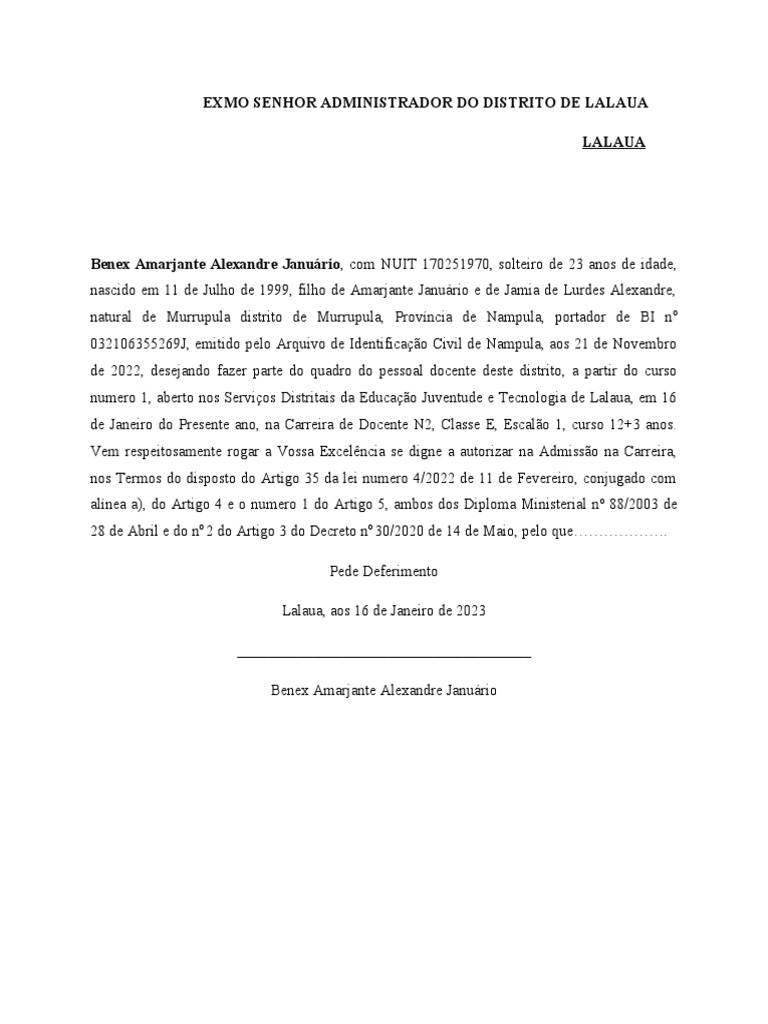 Pedido de admissão na carreira docente no distrito de Lalaua | PDF