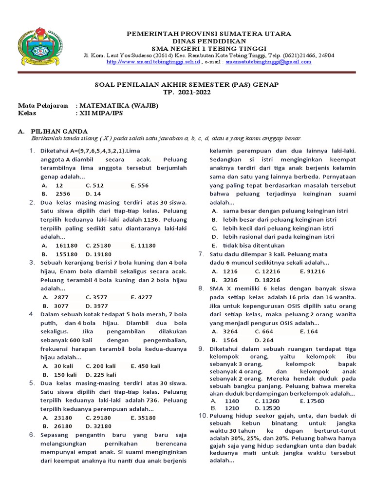 Soal Matematika (Wajib) Penilaian Akhir Semester (Pas) Genap Kelas 12 Mipa-Ips T.A 2021-2022 PDF ...
