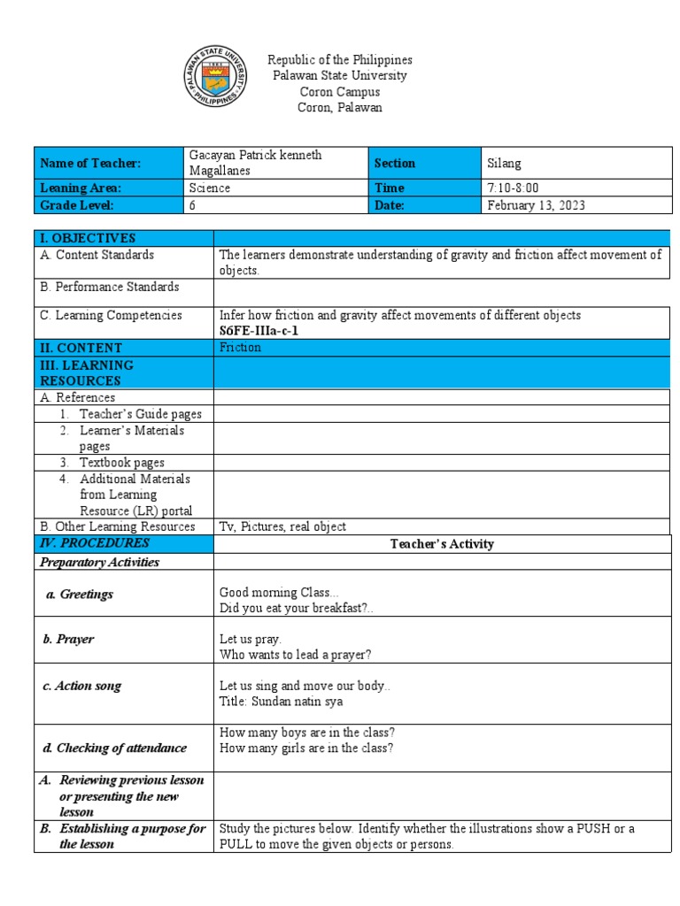 Friction Semi Detailed Lesson Plan-G6 | PDF | Friction | Force