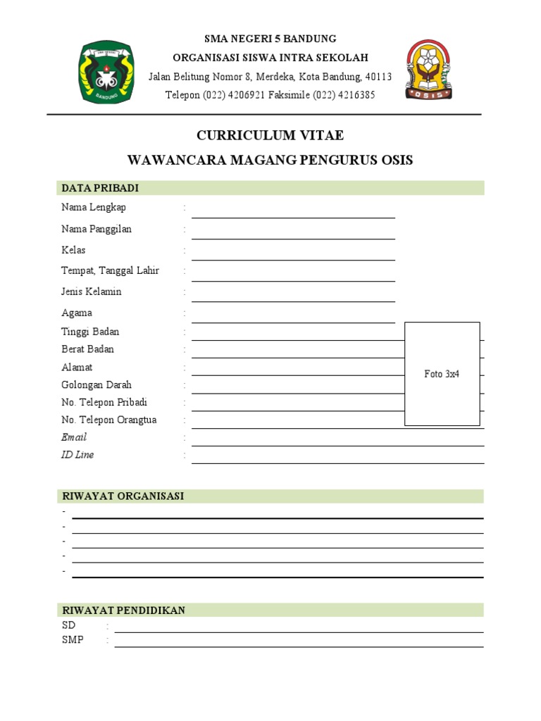CV Magang Pengurus OSIS | PDF