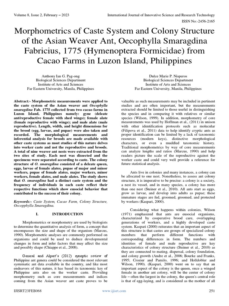 Morphometrics of Caste System and Colony Structure of The Asian Weaver ...