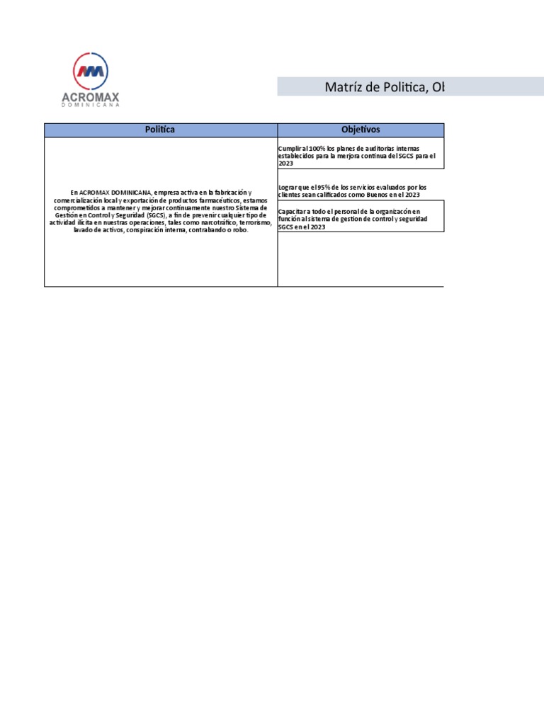 Matriz de Política, Objetivos e Indicadores | PDF