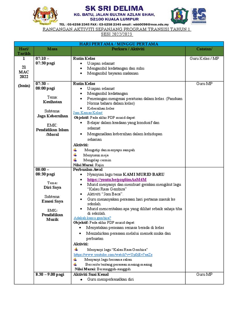 Rancangan Aktiviti Sepanjang Program Transisi Tahun 1 SESI 2022/2023 | PDF