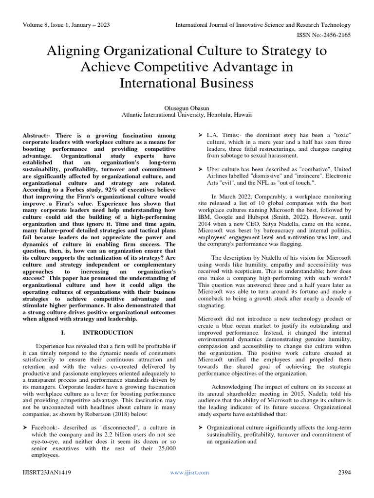 Aligning Organizational Culture To Strategy To Achieve Competitive Advantage in International ...