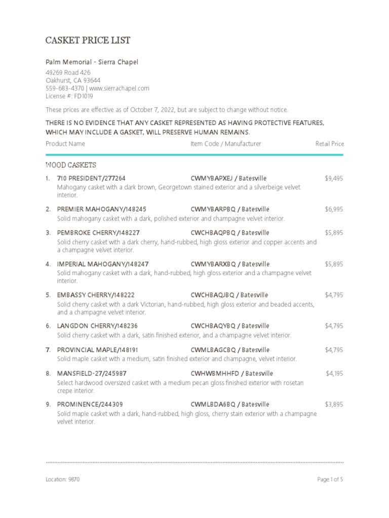 Burial Merchandise Price List | PDF | Coffin | Building Materials