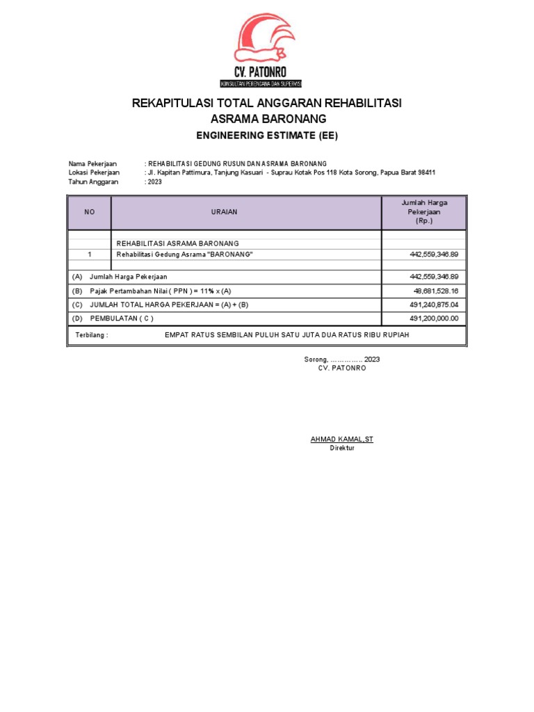 Asrama Baronang Rekapitulasi Total Anggaran Rehabilitasi: Engineering Estimate (Ee) | PDF