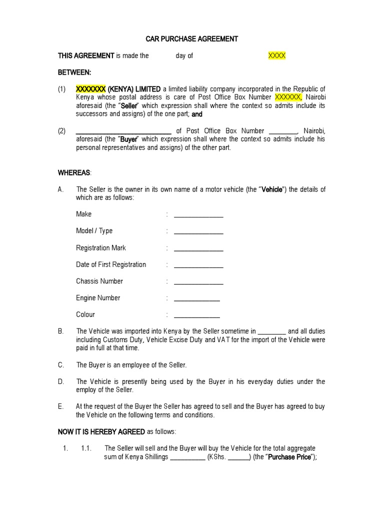 Car Purchase Agreement Template | PDF | Prices | Sales