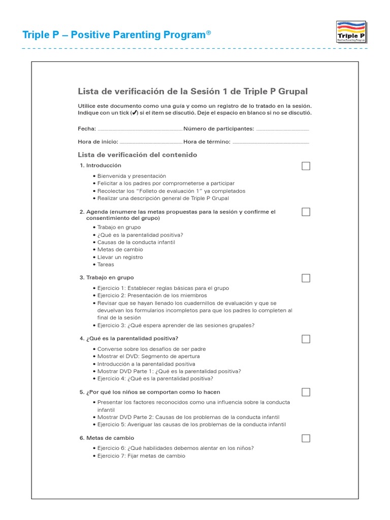 SPA0154 Group Triple P Session 1 Checklist | PDF