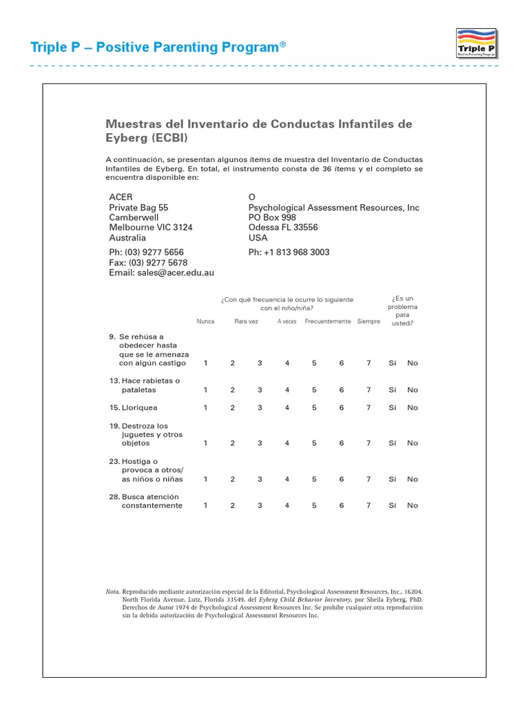 SPA0078 Eyberg Child Behaviour Inventory Sample Items | PDF