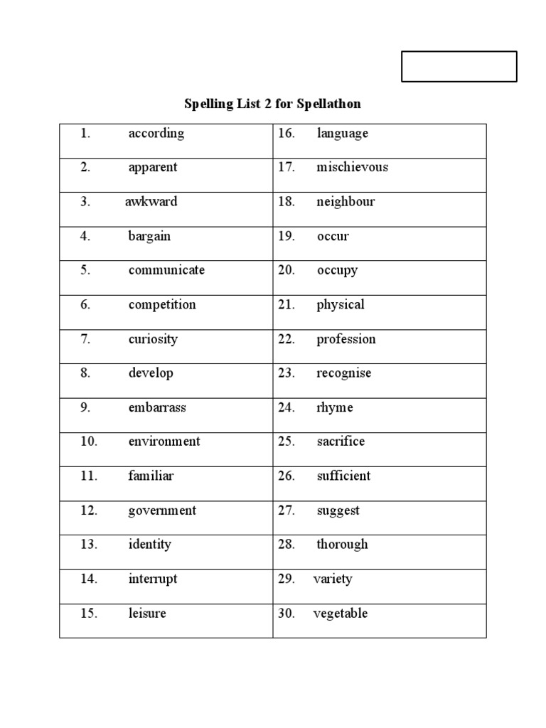 Spelling List 2 For Spellathon | PDF