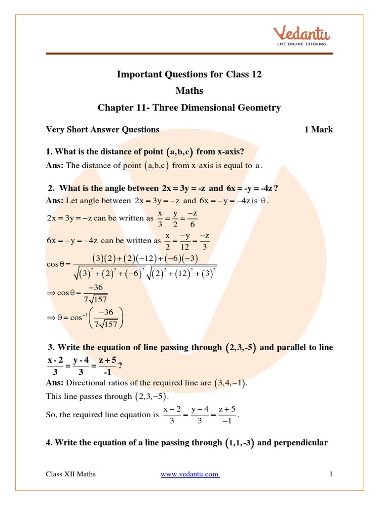Cbse Class 12 Maths Chapter 11 Three Dimensional Geometry Important 3244