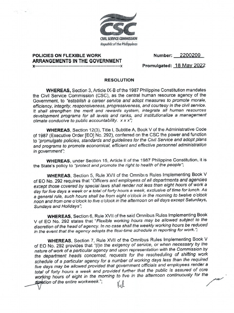 CSC Resolution No. 2200209 On The Policies On Flexible Work ...