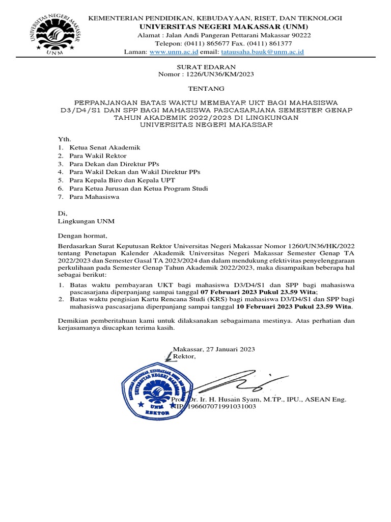 Surat Pemberitahuan Perpanjangan Pembayaran UKT | PDF