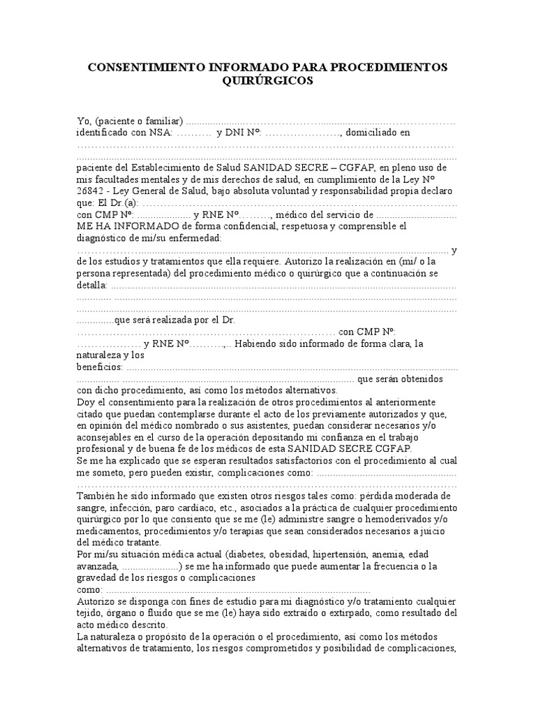 Consentimiento Informado para Procedimientos Quirúrgicos | PDF | Consentimiento informado ...