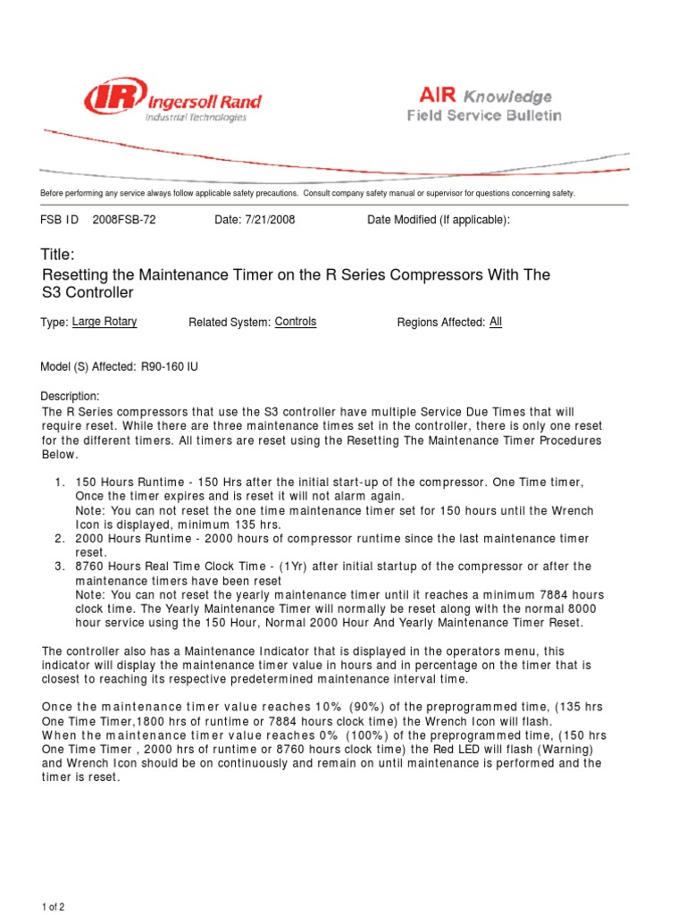 Resetting Maintenance Indicator On The R Series Compressors S3 2008 ...