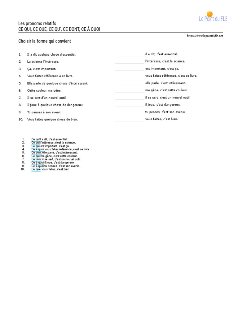 Pronoms Relatifs CE QUI, CE QUE, CE DONT, CE À QUOI - Exercice de ...