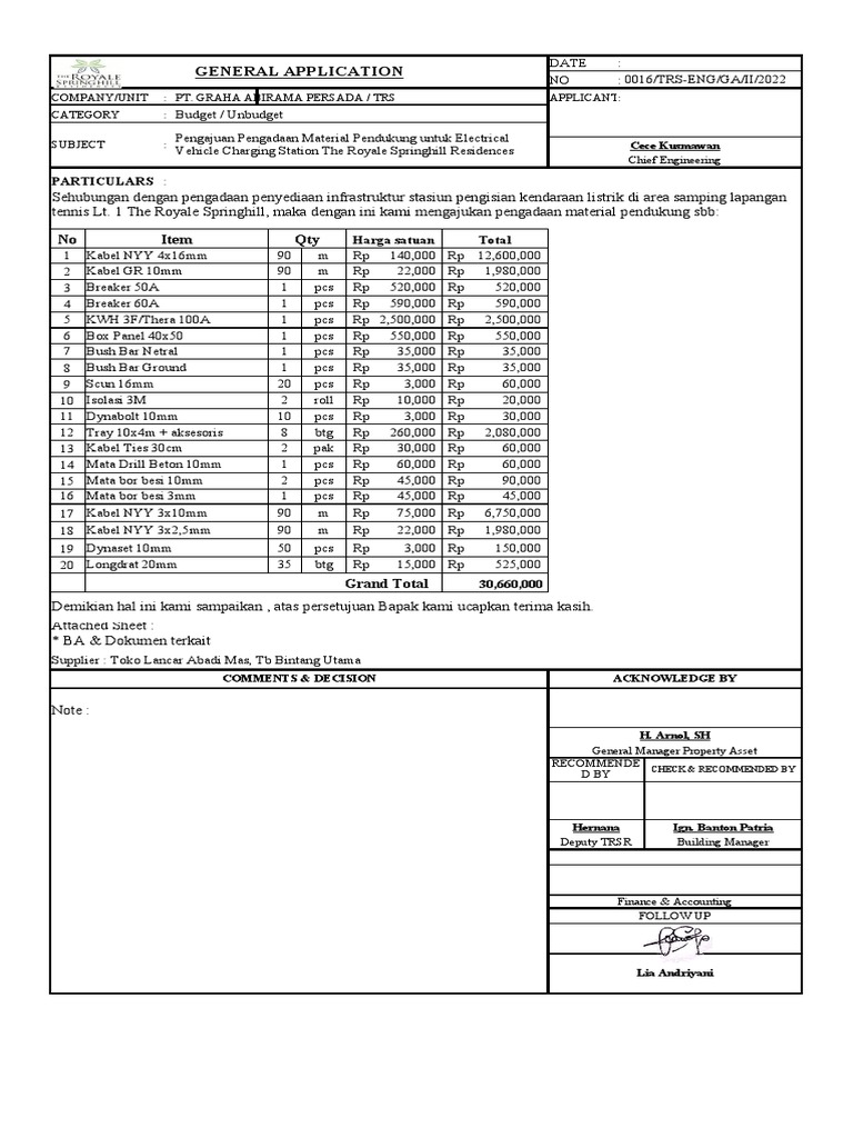 0016 - Pengajuan Material Pendukung EV Charging-1 | PDF