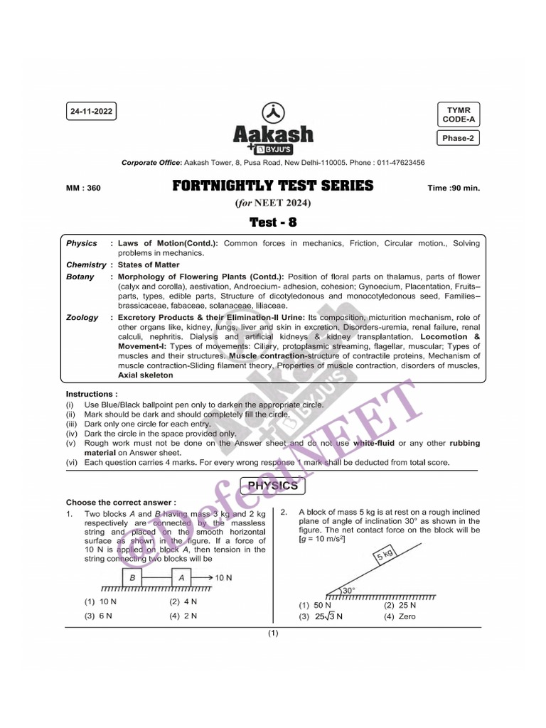 Fortnightly Test-8 - TYMR - Phase-2 - Code-A - (24-11-2022) - 1 | PDF