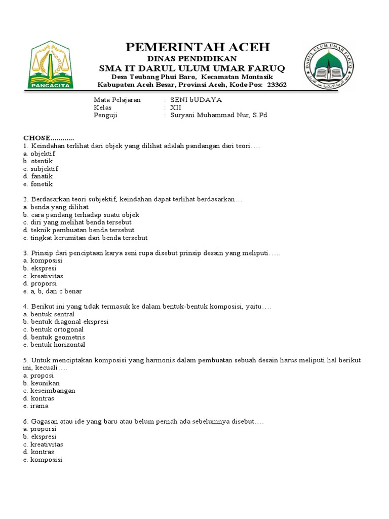 4.soal Seni Budaya Kelas 333333 | PDF