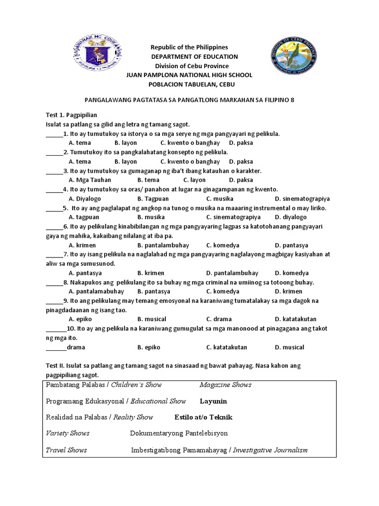 Pangalawang Pagtatasa Sa Pangatlong Markahan Sa Filipino 8 | PDF