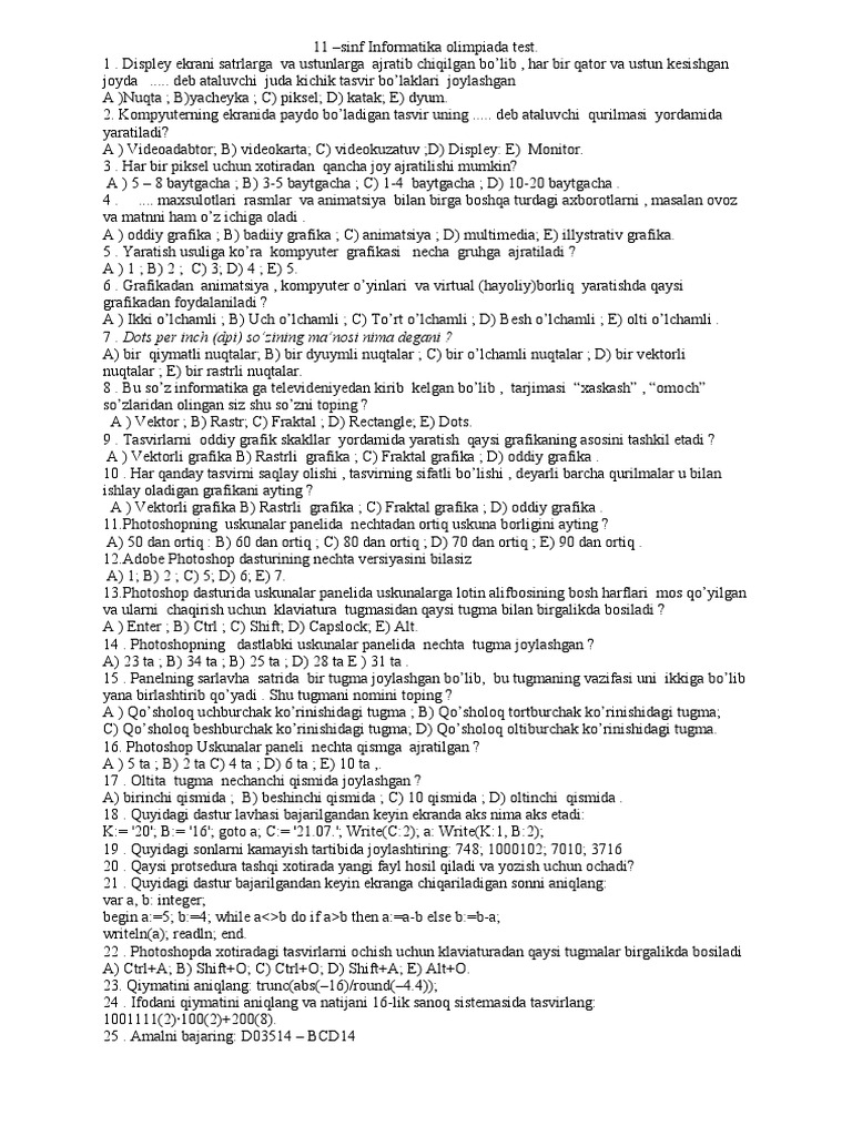 11 Sinf Informatika Testlar 4 | PDF