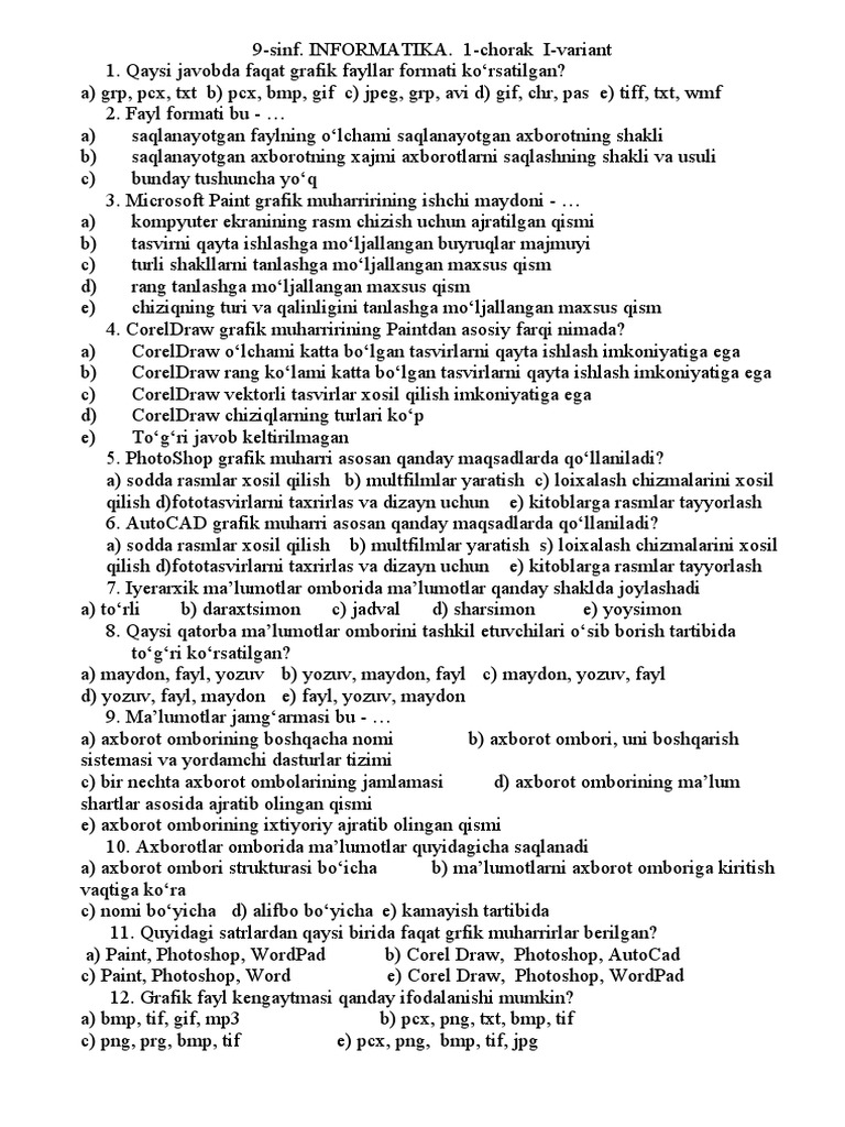 9 Sinf Informatika Testlar 8 | PDF