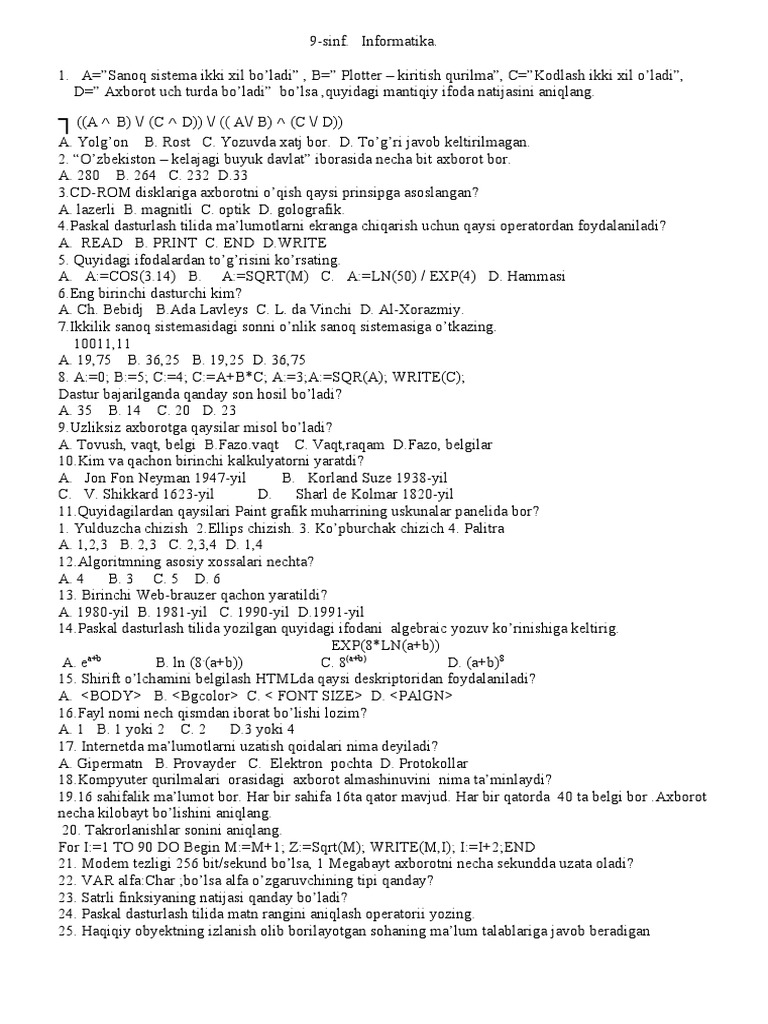 9 Sinf Informatika Testlar 2 | PDF