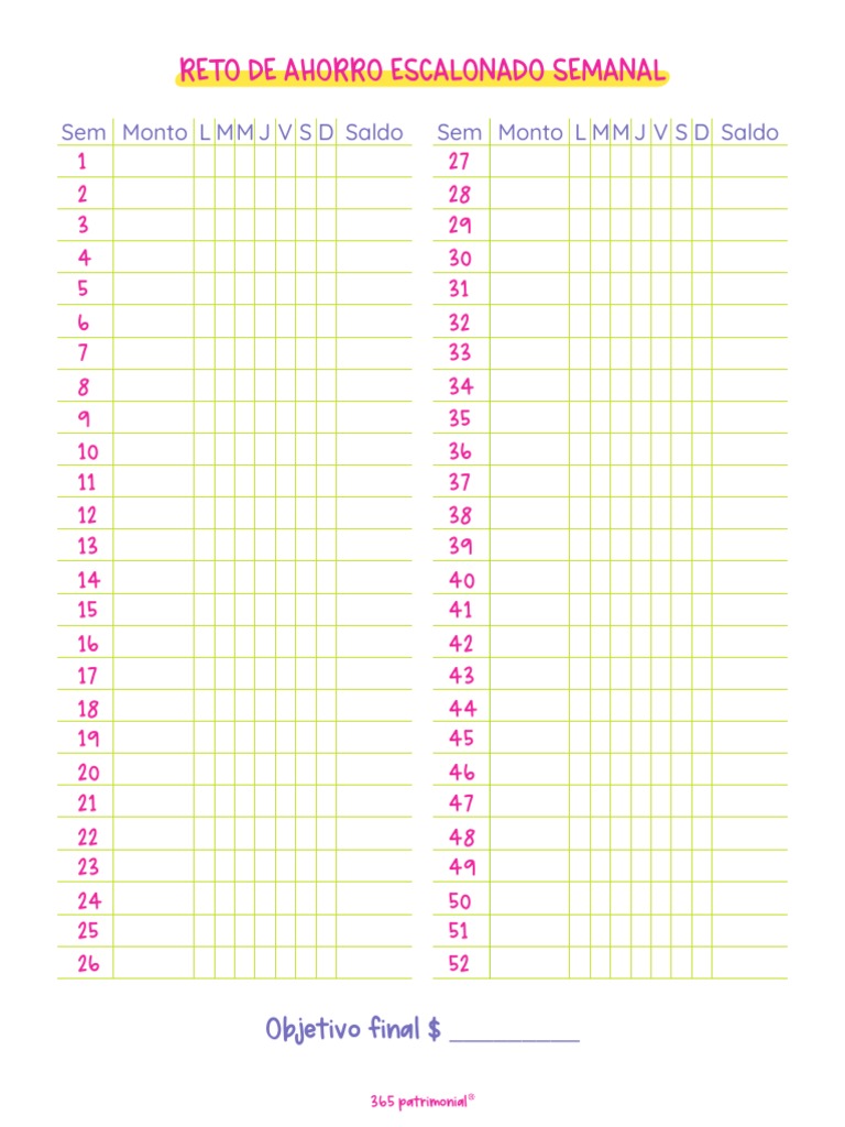 reto+de+ahorro+escalonado+semanal+_+plantilla | PDF