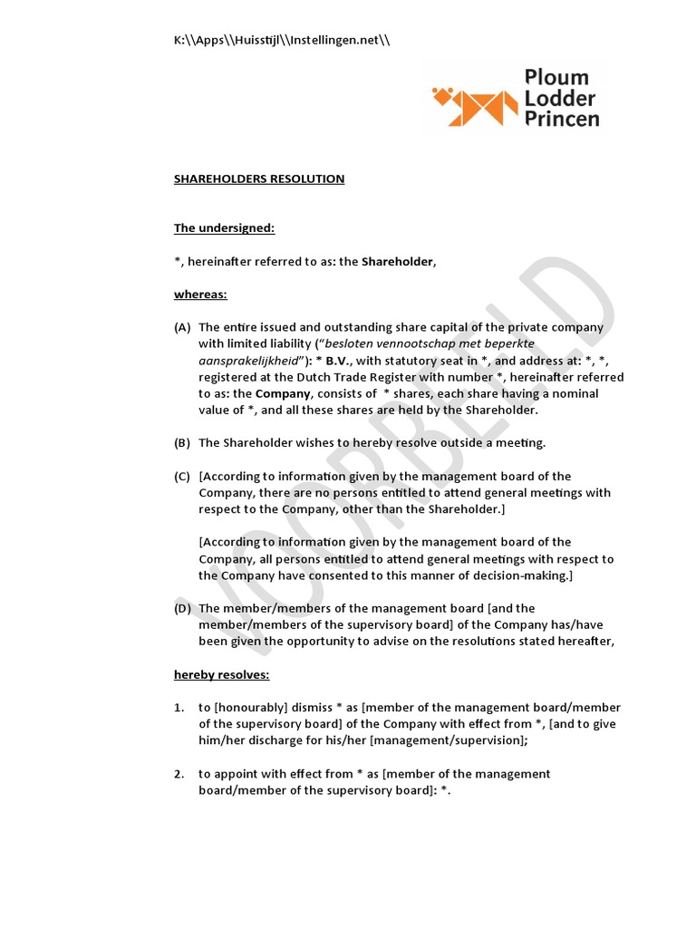 Shareholders' Resolution Draft | PDF