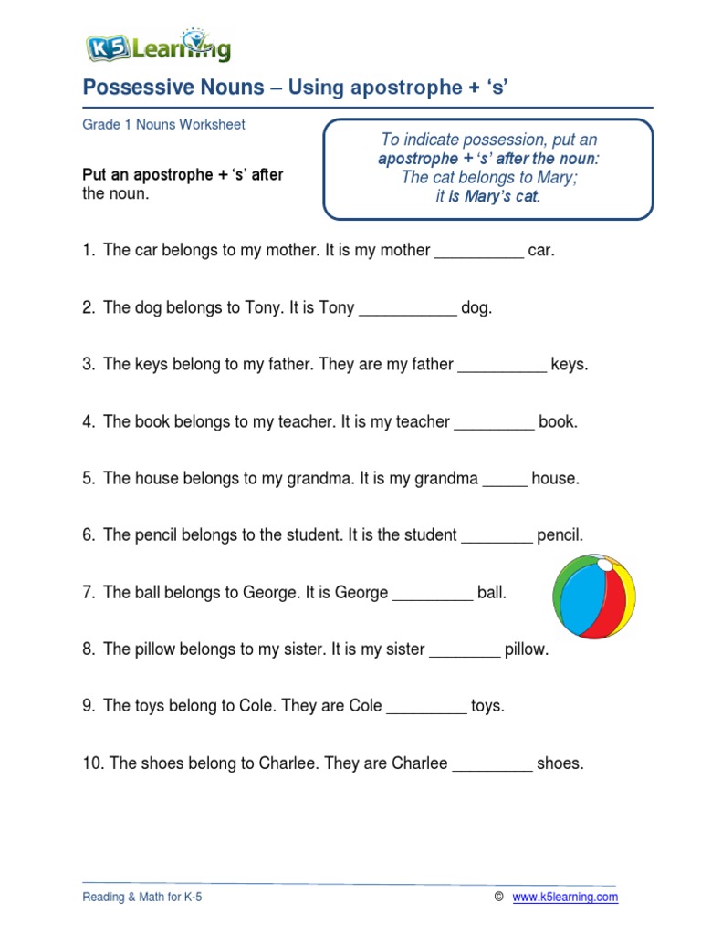 Grade 1 Possessive Nouns Worksheet | PDF