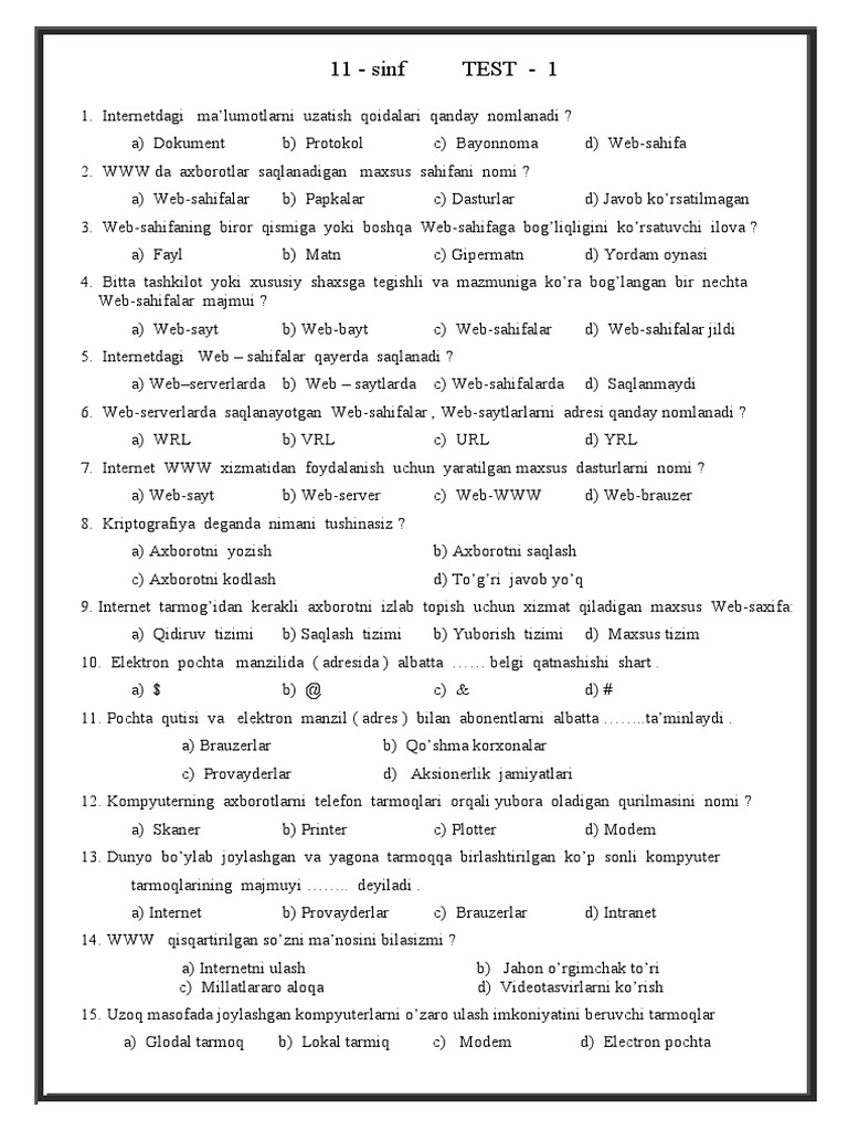 11 Sinf Informatika Testlar 3 | PDF