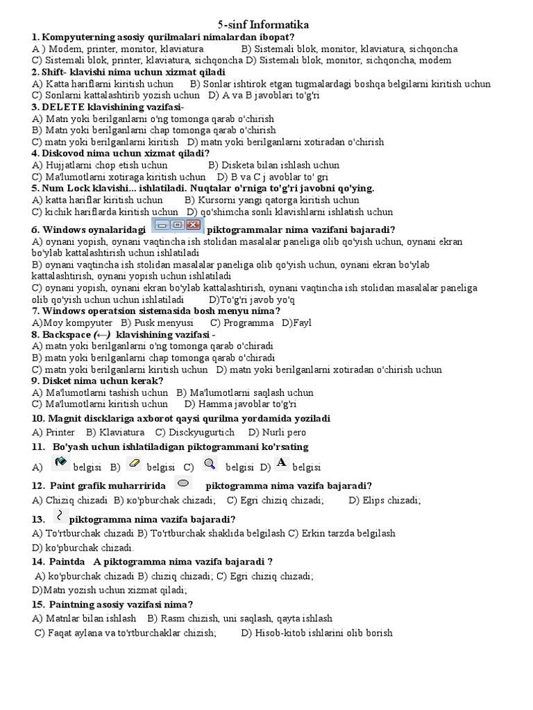 5 Sinf Informatika Testlar 2 | PDF