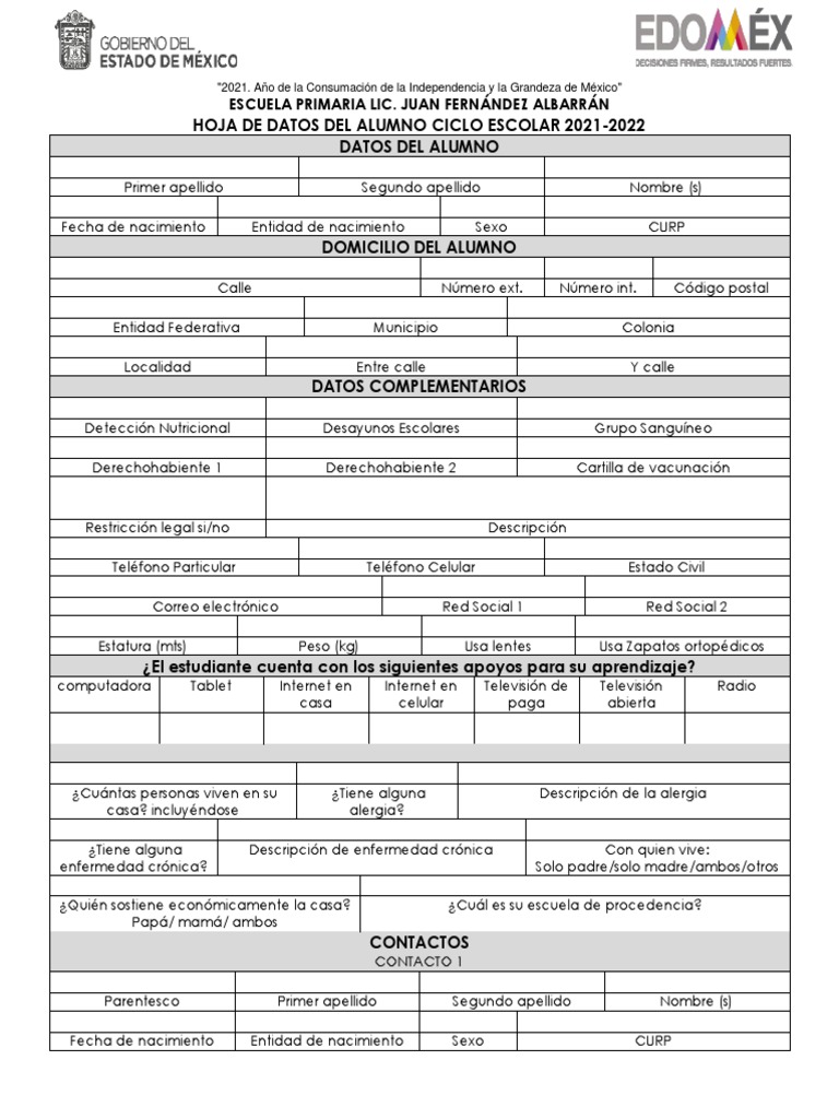 Hoja de Datos Alumnos 2021-2022 | PDF