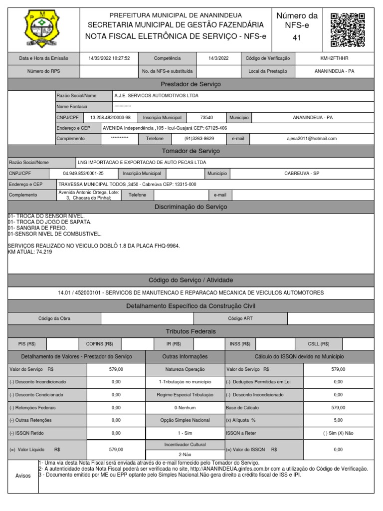 Nota Fiscal Eletrônica de Serviço (NFS-e) que descreve serviços de ...