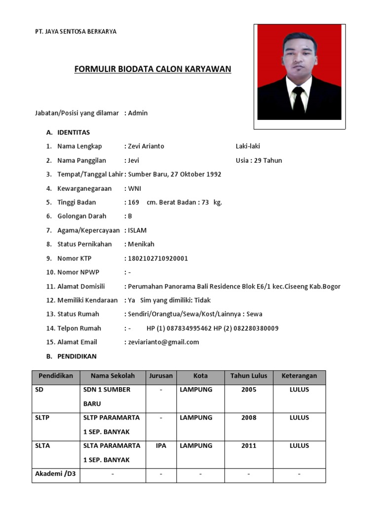Formulir Biodata Calon Karyawan | PDF