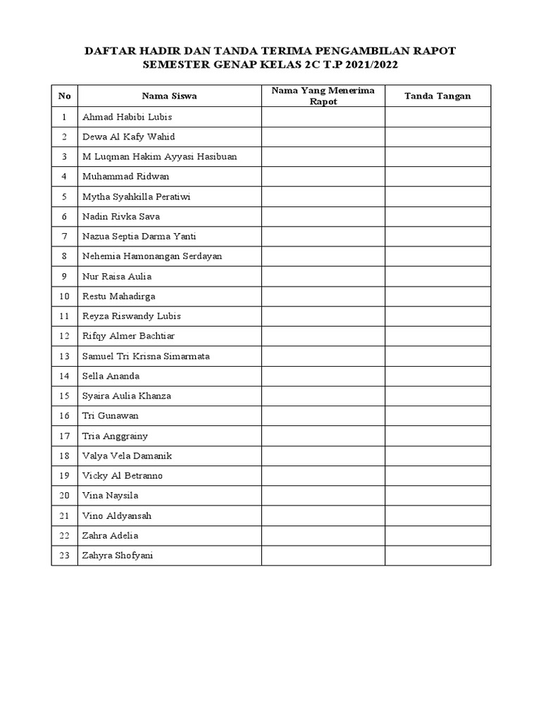 Daftar Hadir Dan Tanda Terima Pengambilan Rapot | PDF