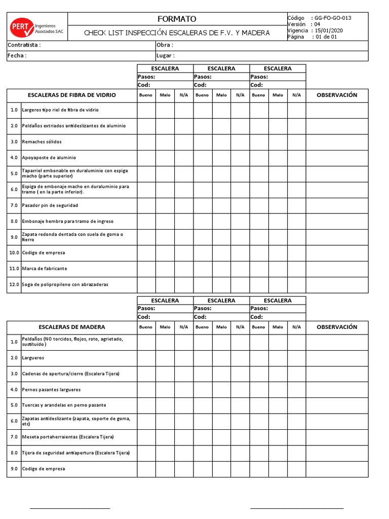 GG-FO-GO-013 Check List Inspección Escaleras de Fibra de Vidrio y ...