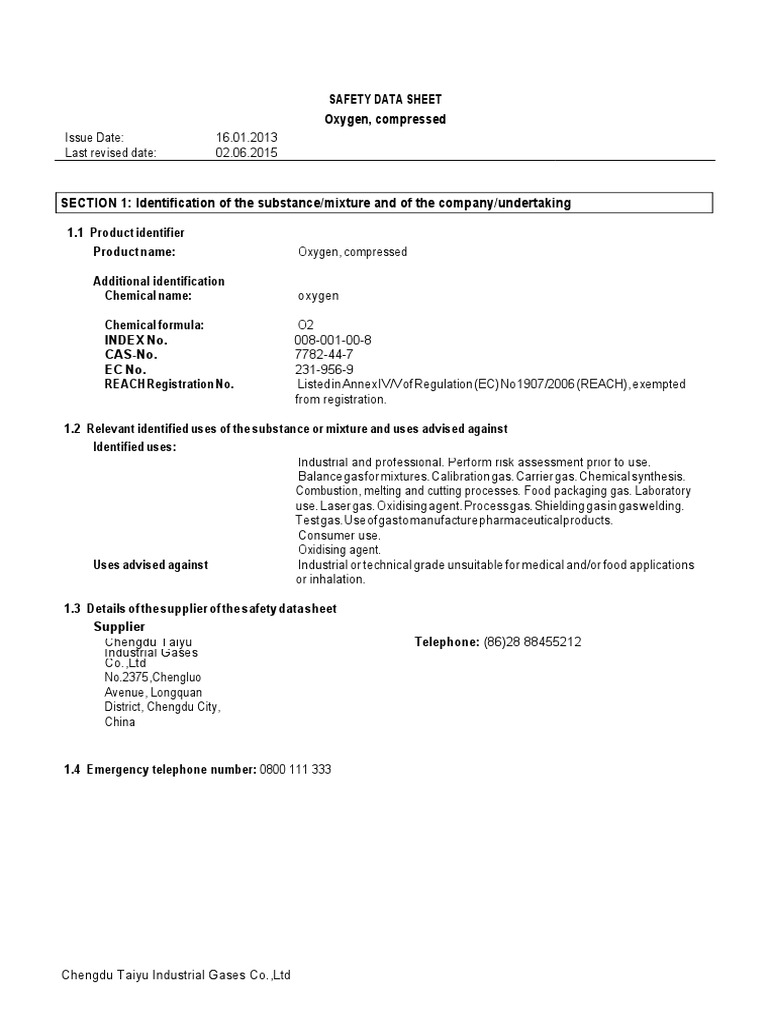 Oxygen Safety Data Sheet | PDF | Firefighting | Toxicity