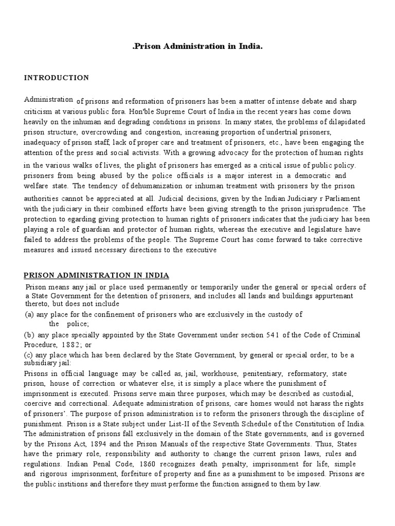 Prison Administration in India | PDF | Prison | Rehabilitation (Penology)