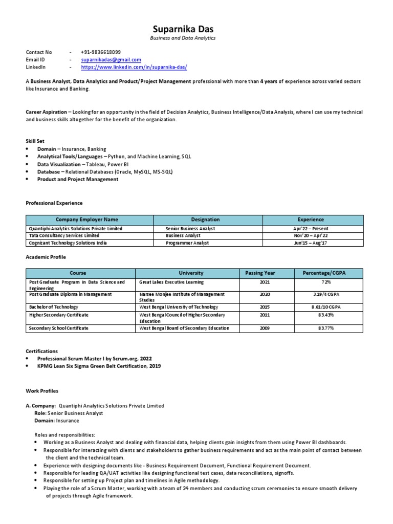 Suparnika Das Resume | PDF | Scrum (Software Development) | Analytics