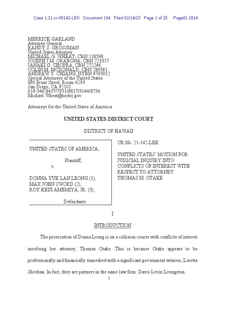 Us Motion For Inquiry Into Conflicts Of Interest Pdf Conflict Of