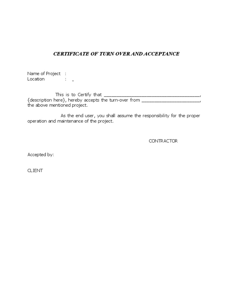 Certificate of Turn Over and Acceptance | PDF
