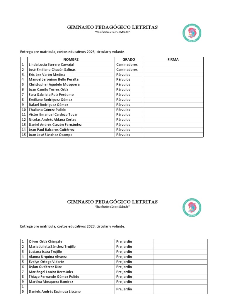 Lista de Pre Matrícula 2023 Letritas | PDF | Hogar, jardinería y bricolaje