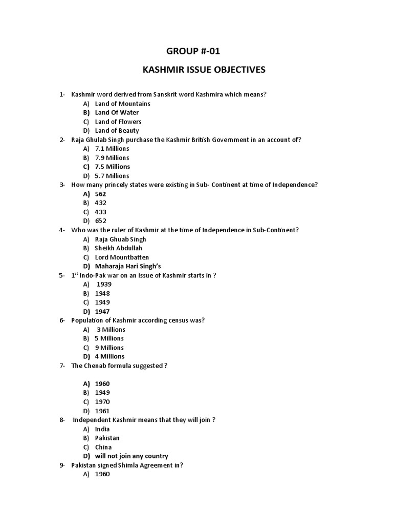 Kashmir Issue Objectives Group 01 | PDF